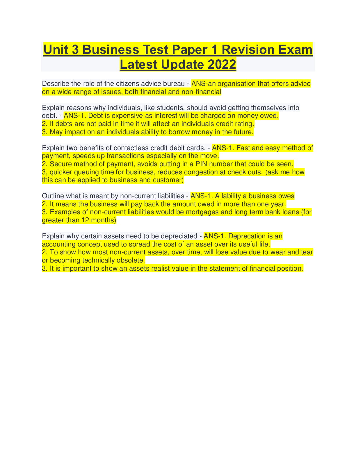 Unit 3 Business Test Paper 1 Revision Exam Latest Update 2022 ...