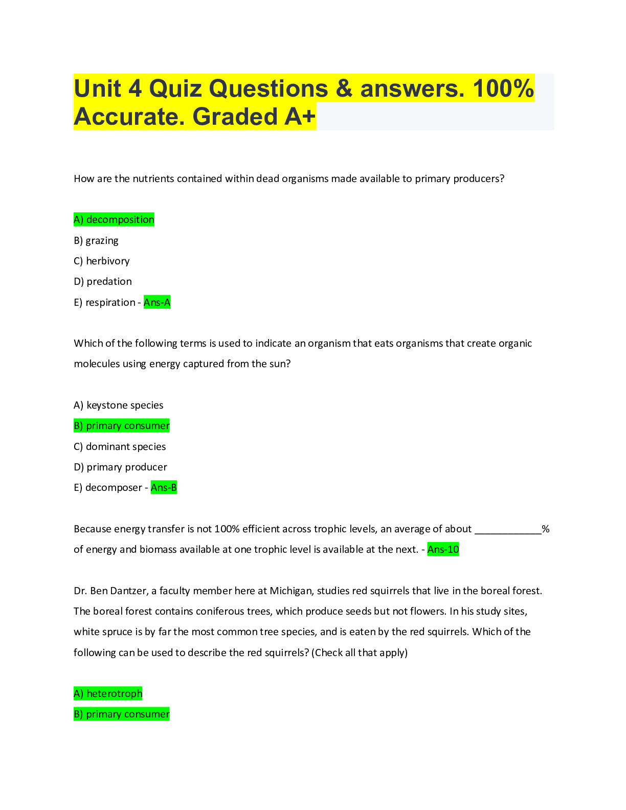 Unit 4 Quiz Questions & answers. 100% Accurate. Graded A+ ...