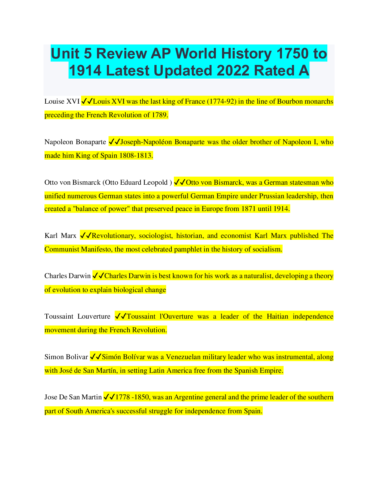 Unit 5 Review AP World History 1750 to 1914 Latest Updated 2022 Rated A ...