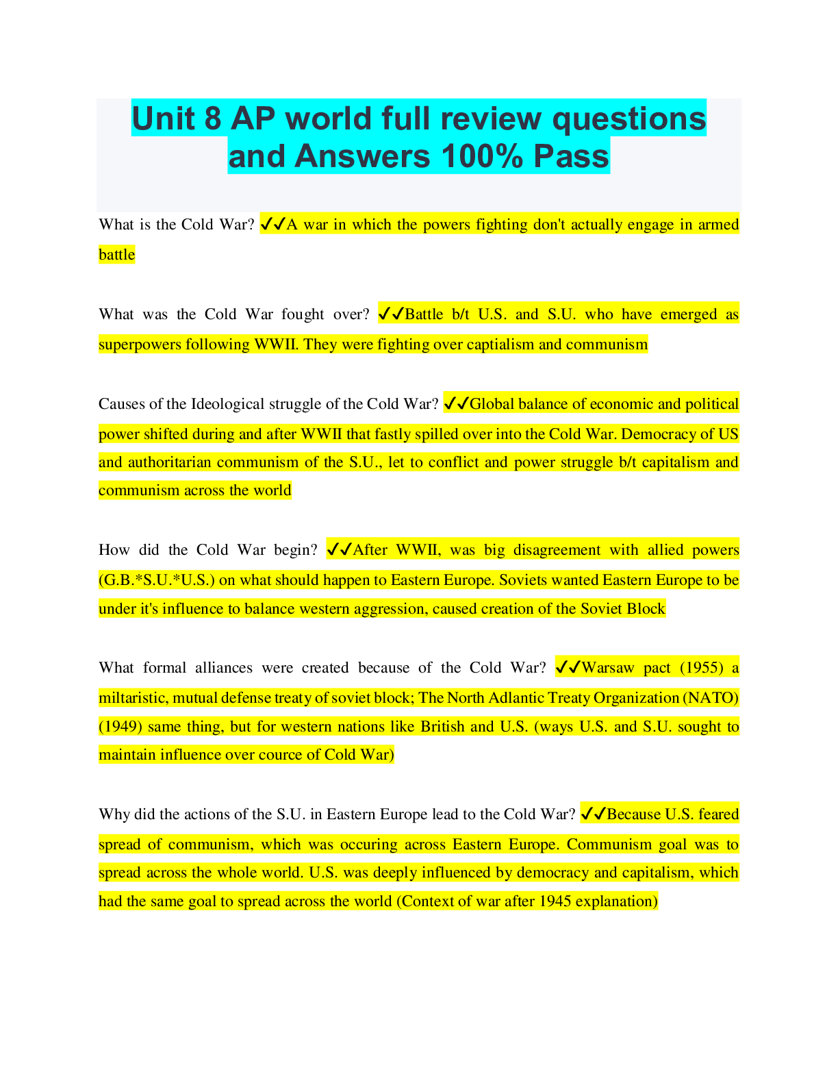 Unit 8 AP world full review questions and Answers 100% Pass ...