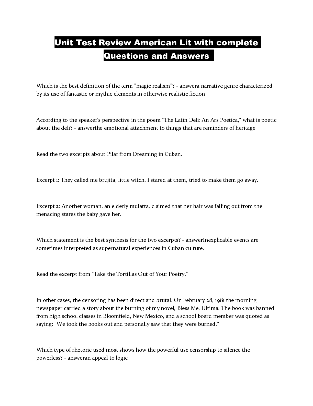 Unit Test Review American Lit with complete Questions and Answers ...