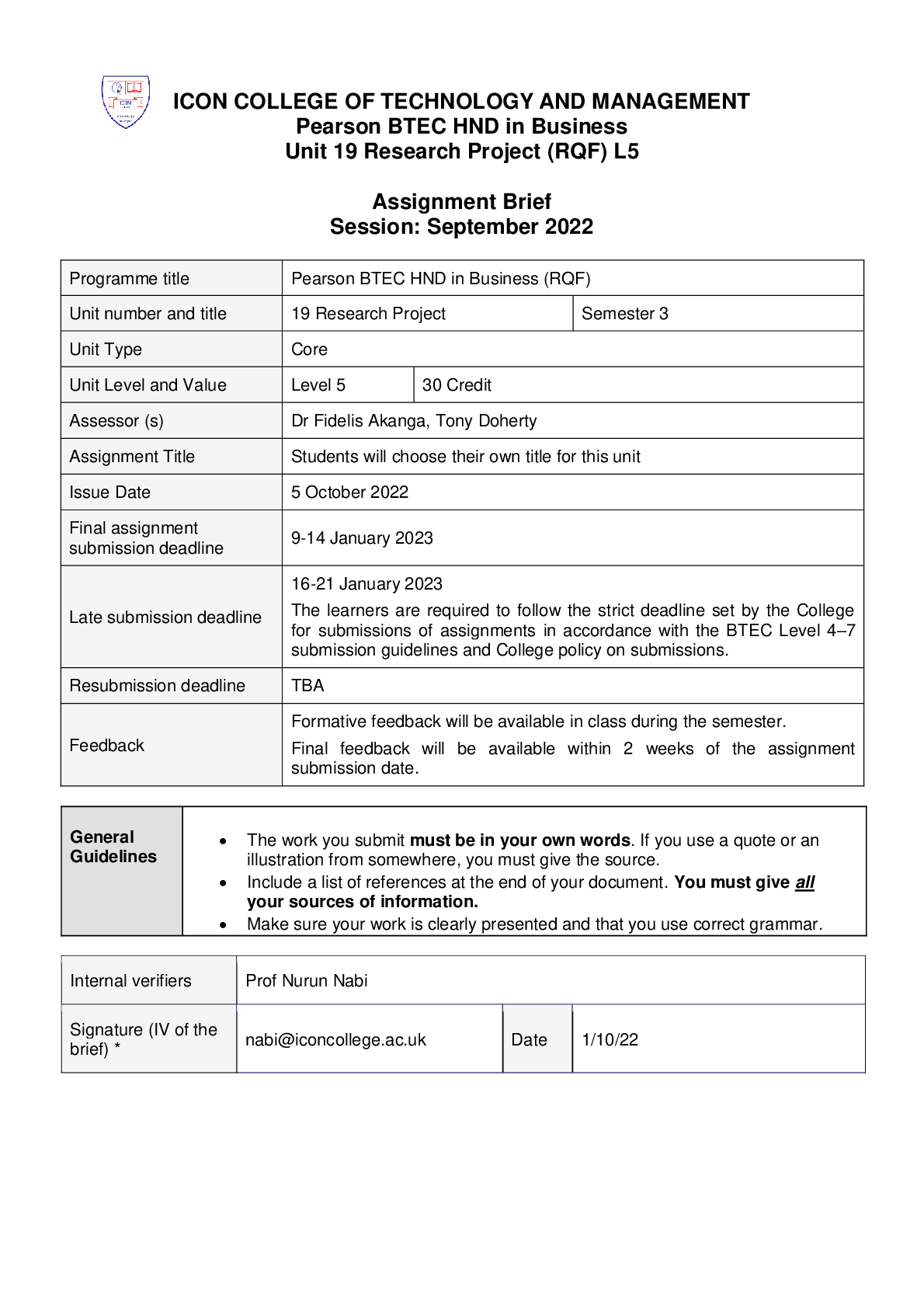 Unit 19 Research Project Assignment Brief- Pearson BTEC HND in Business ...