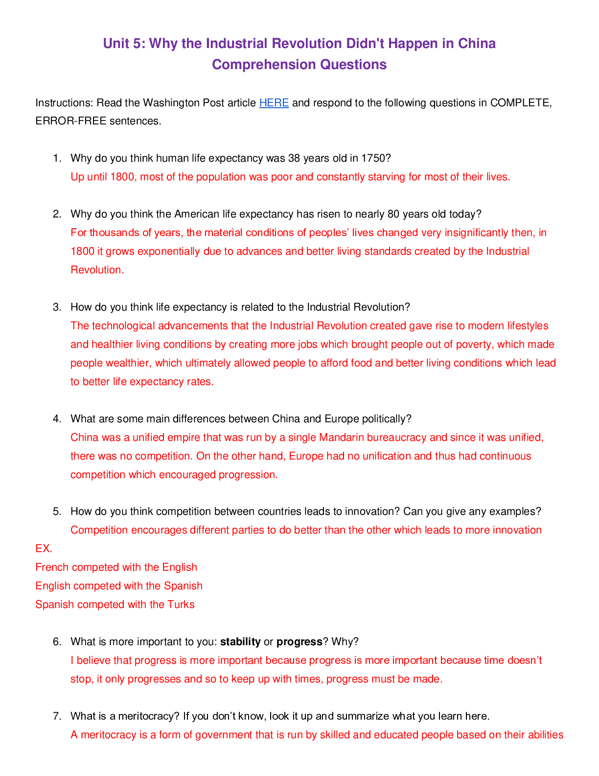 Questions and Answers > Klein H S - WHAP 798: Unit 5: Why the ...