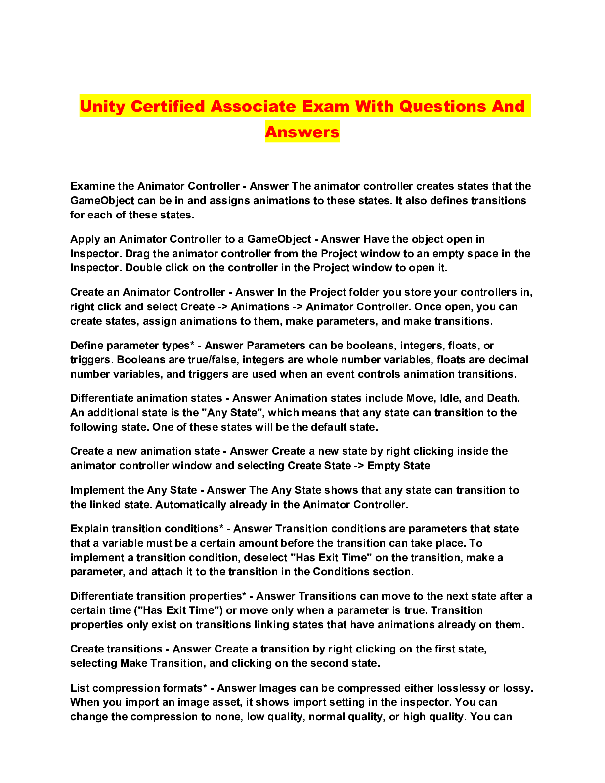 Unity Certified Associate Exam With Questions And Answers - Scholarfriends