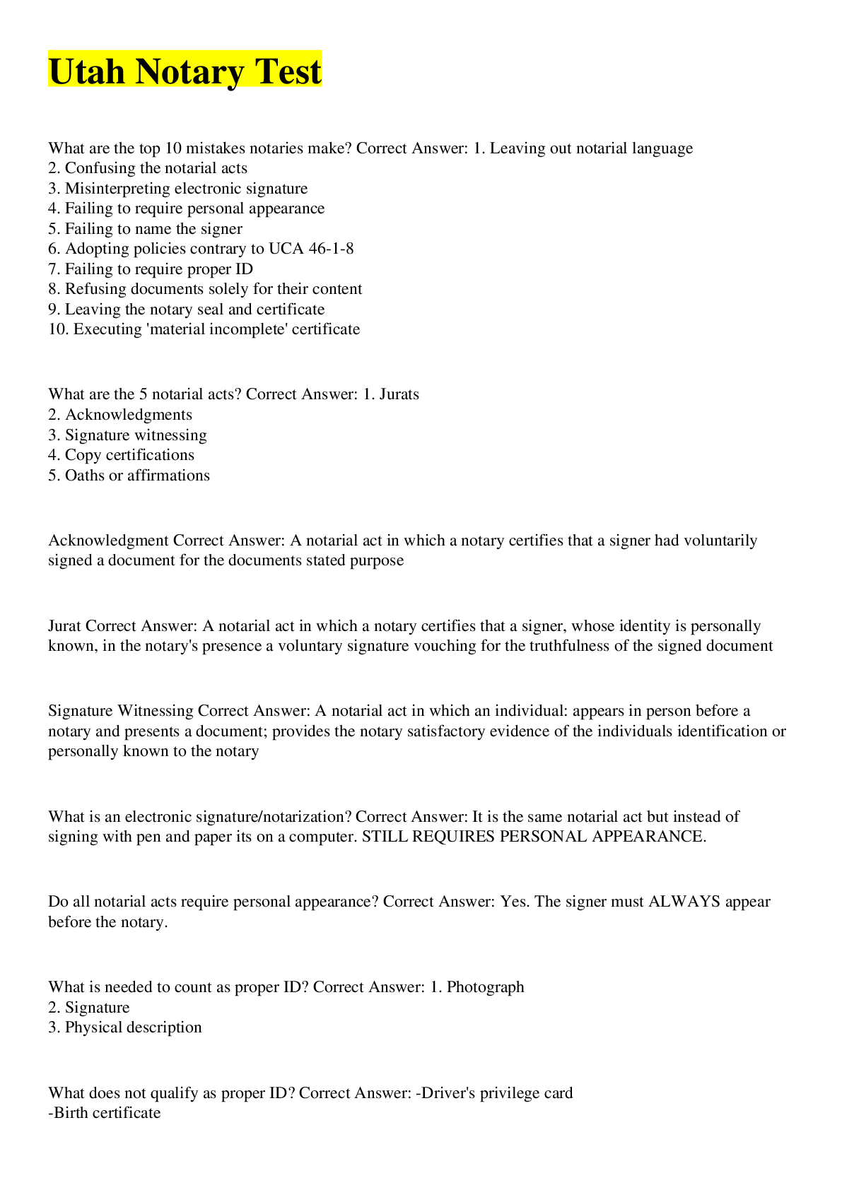 Utah Notary Test| Questions with Correct Answers – Scholarfriends ...