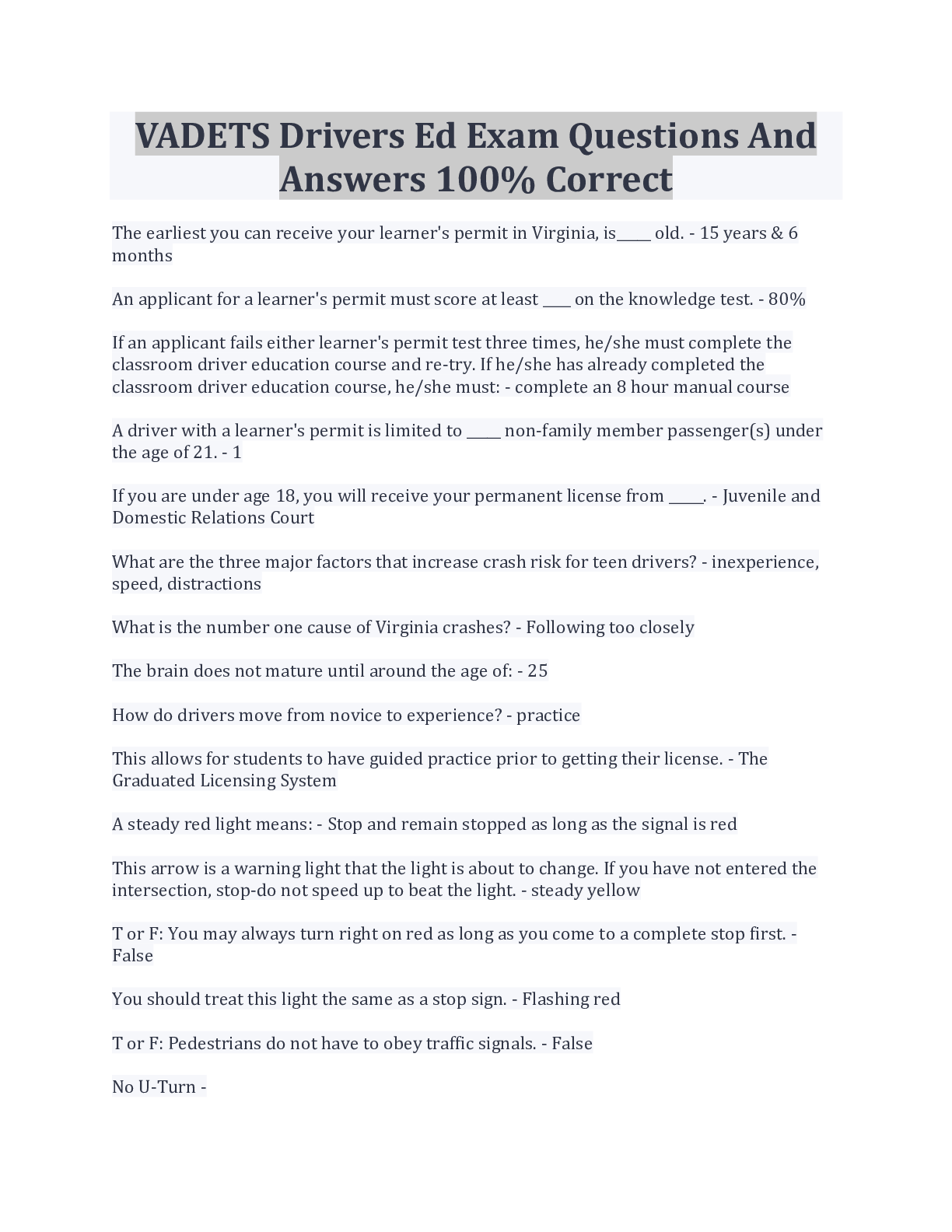 VADETS Drivers Ed Exam Questions And Answers 100% Correct - Scholarfriends