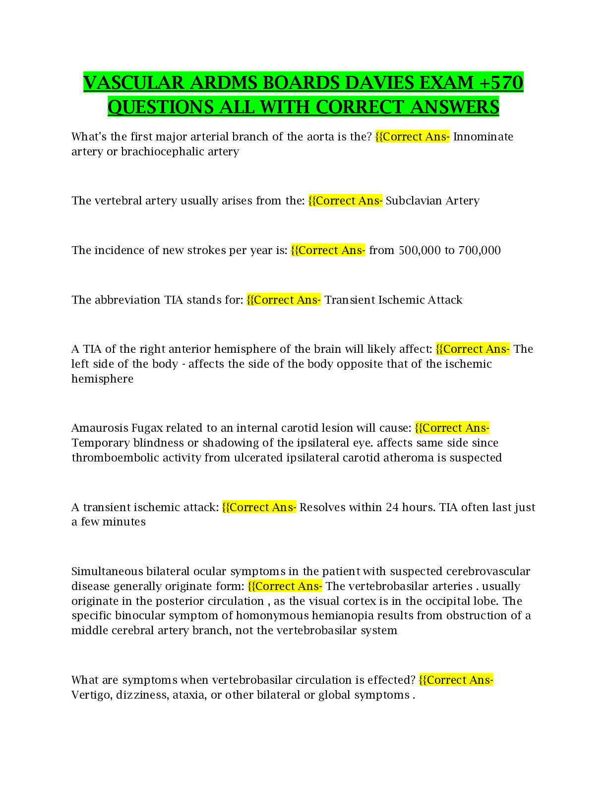 VASCULAR ARDMS BOARDS DAVIES EXAM +570 QUESTIONS ALL WITH CORRECT ...