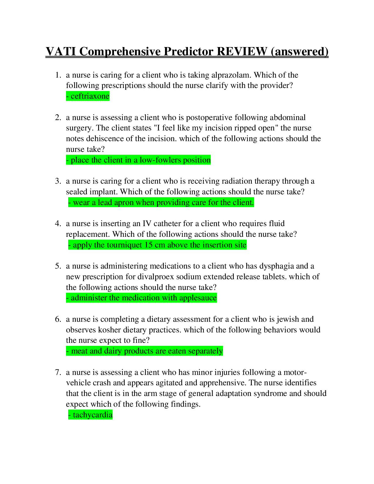 VATI Comprehensive Predictor REVIEW Fall 2021/2022; All 160 questions ...