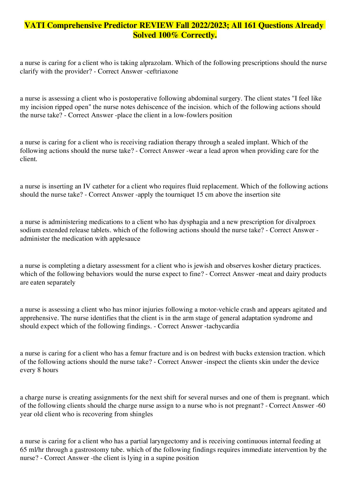 VATI Comprehensive Predictor REVIEW Fall 2022/2023; All 161 Questions ...