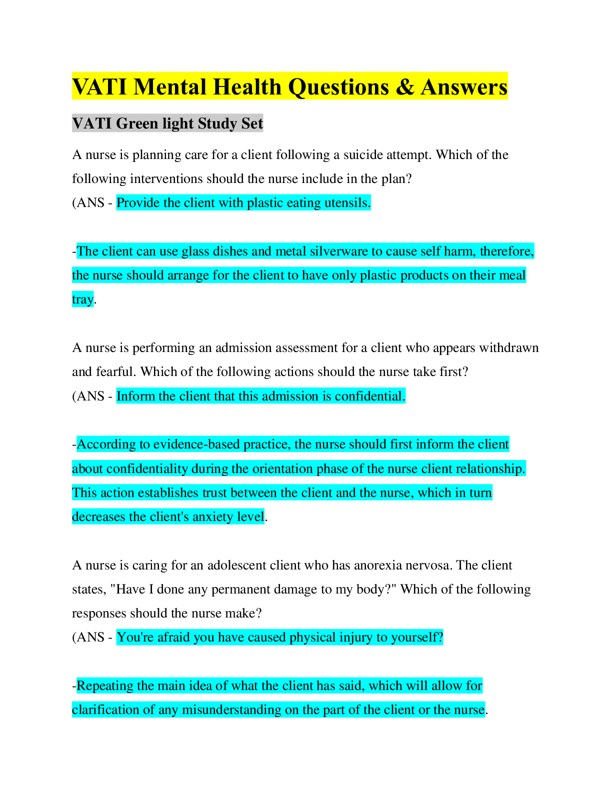 VATI Mental Health Assessment Questions & Answers Updated Version ...