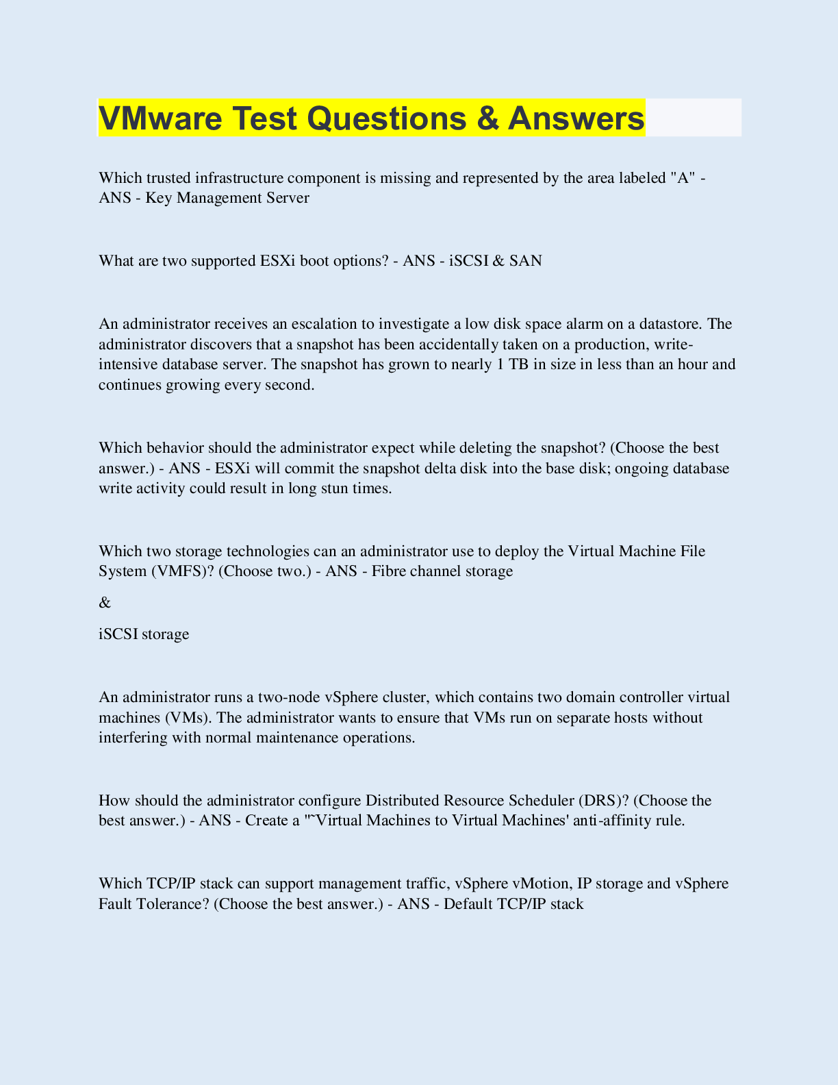 VMware Test Questions & Answers | 100 Questions with 100% Correct ...