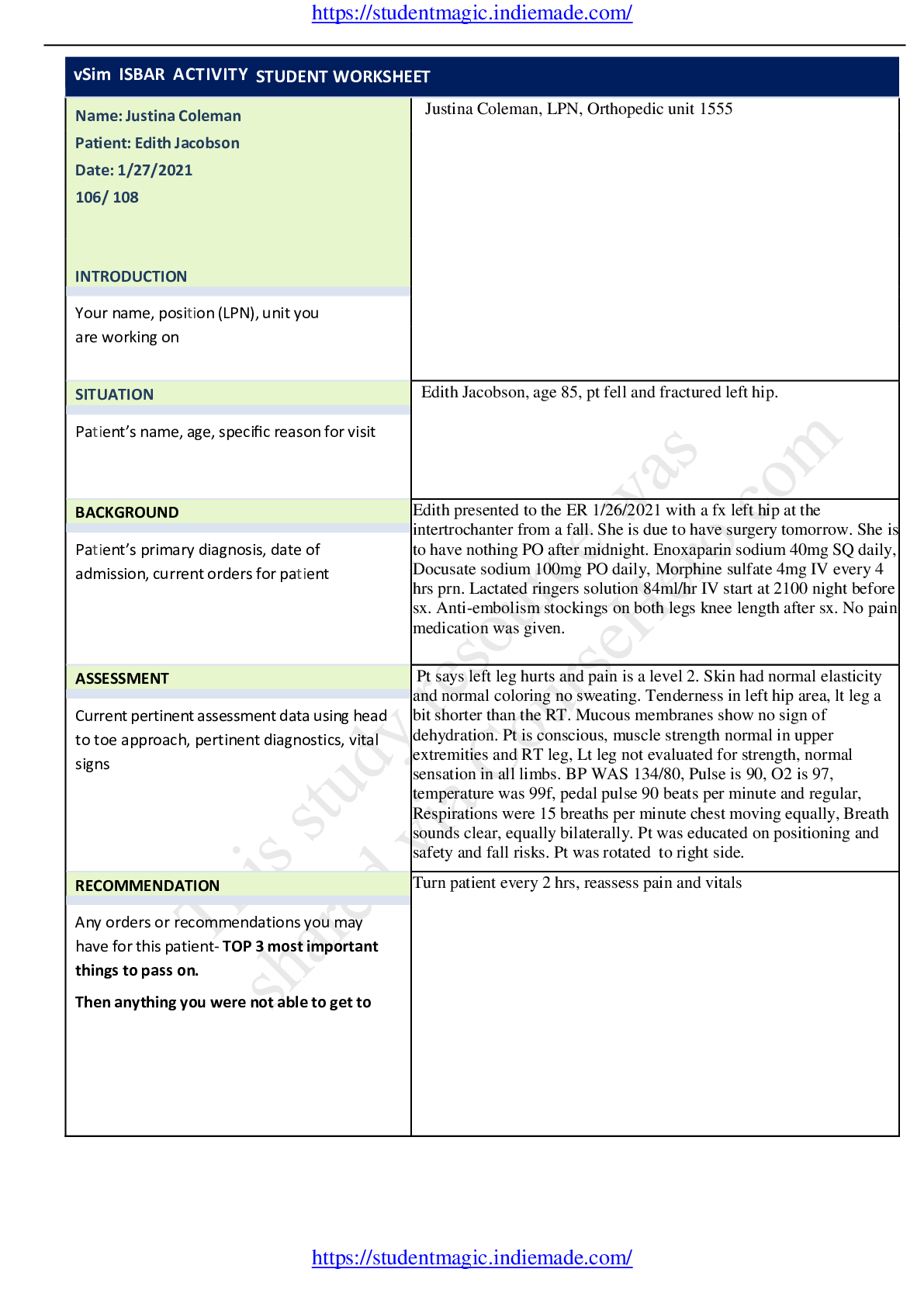 vSIM FOR NURSING FUNDAMENTALS-Edith Jacobson ISBAR - Scholarfriends