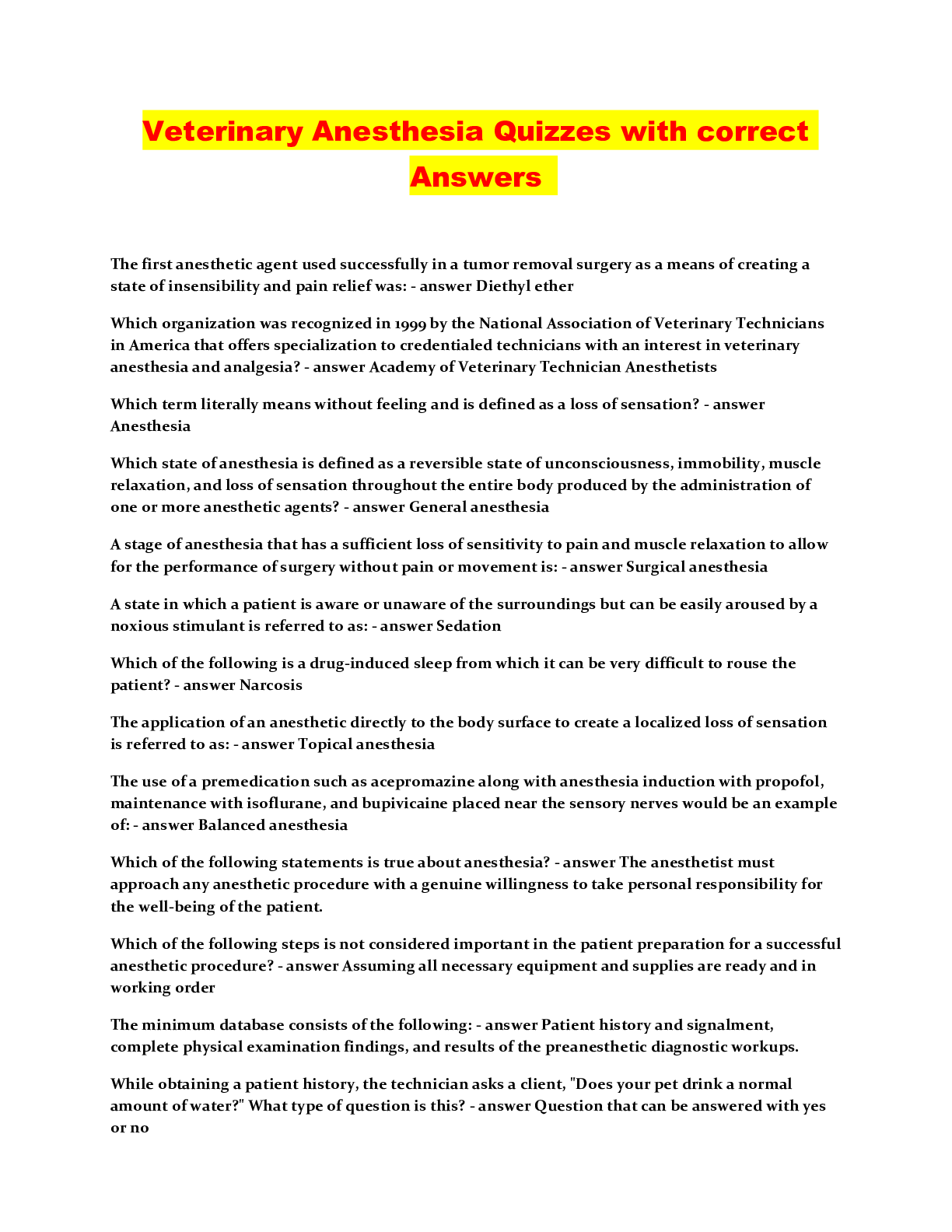 Veterinary Anesthesia Quizzes with correct Answers - Scholarfriends