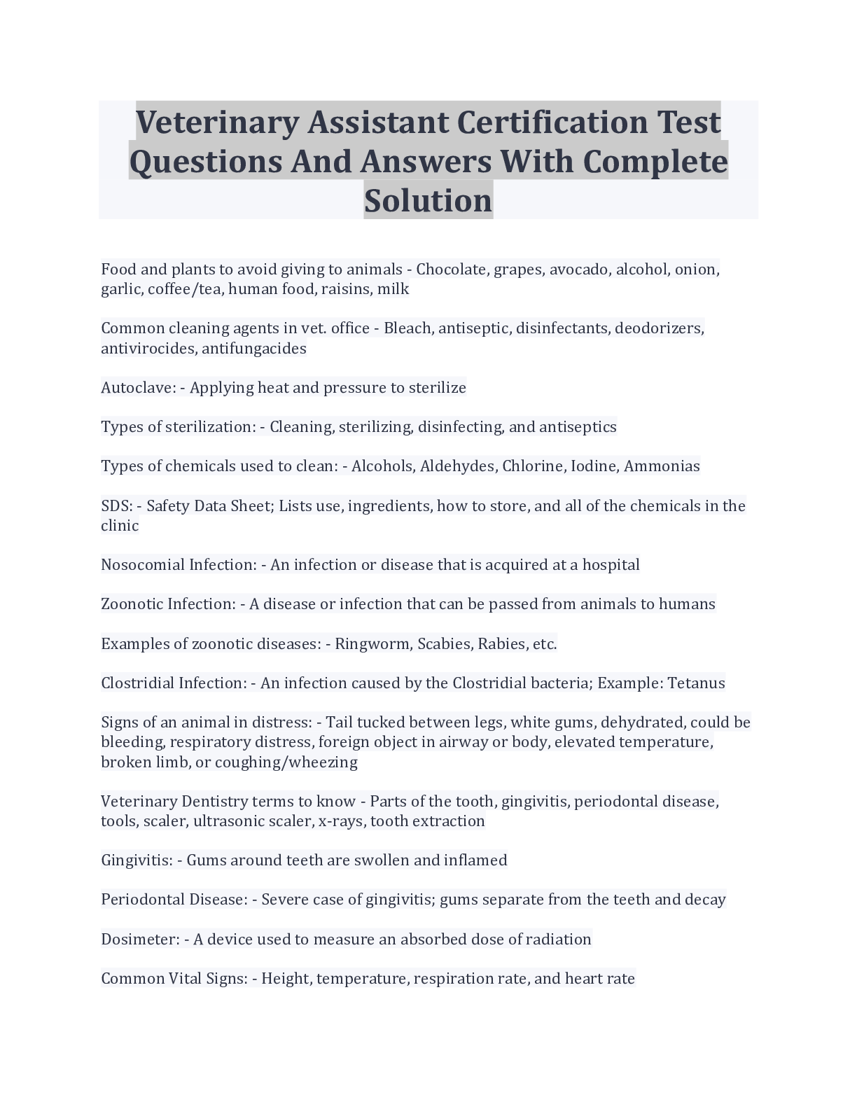 Veterinary Assistant Certification Test Questions And Answers With ...