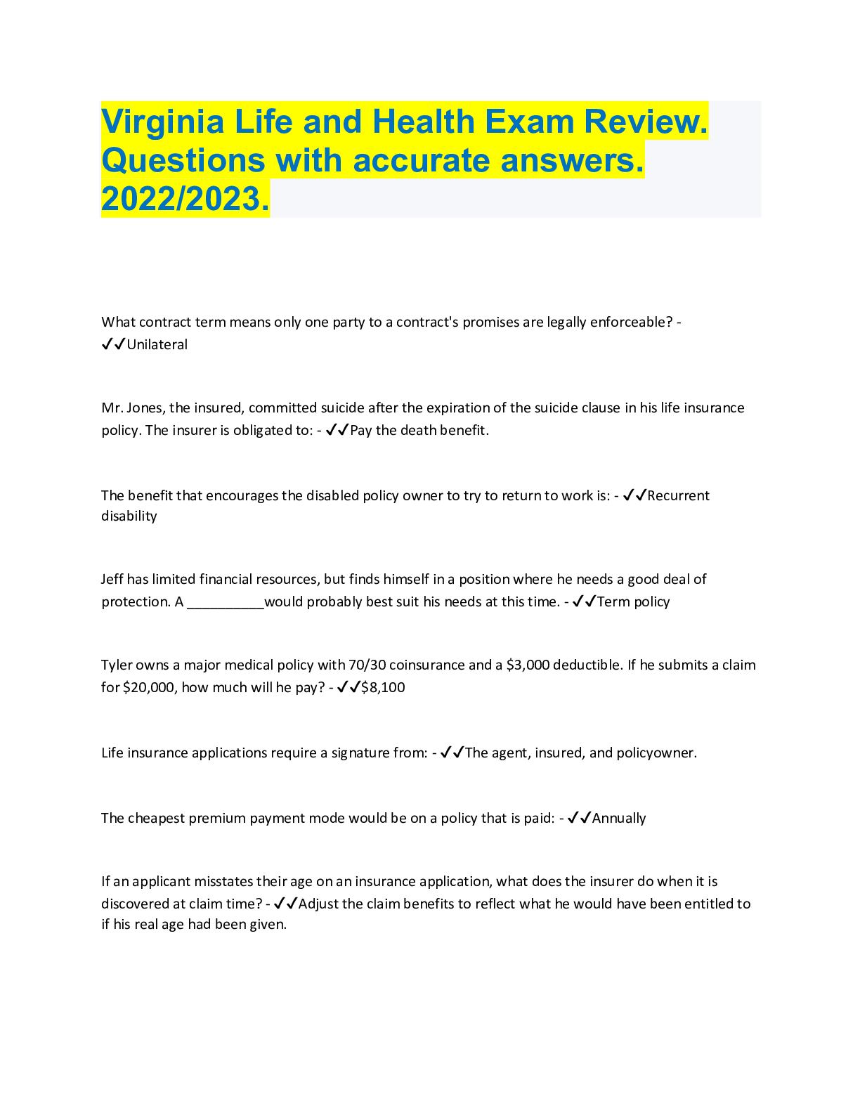 Virginia Life and Health Exam Review. Questions with accurate answers ...