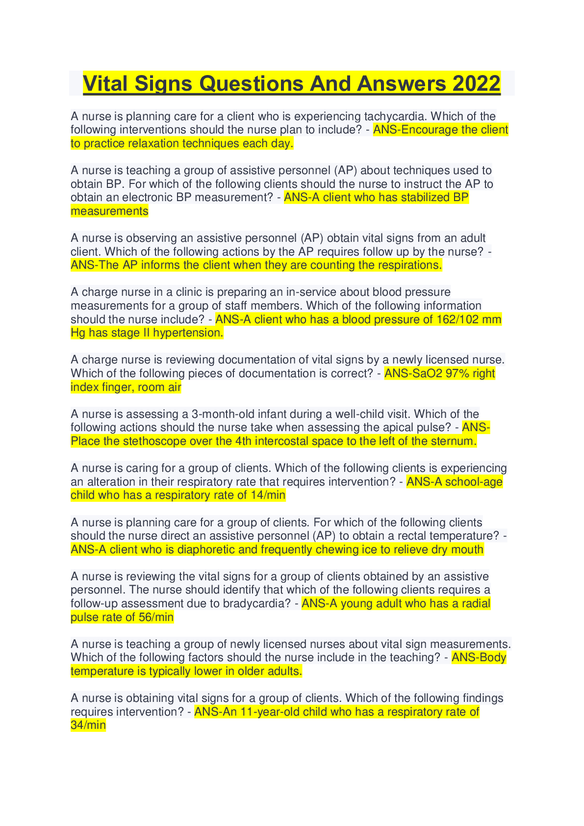 Vital Signs Questions And Answers 2022 - Scholarfriends