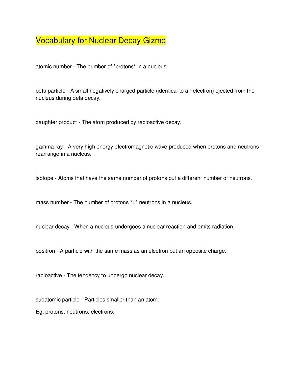 Vocabulary for Nuclear Decay Gizmo – Scholarfriends - Scholarfriends