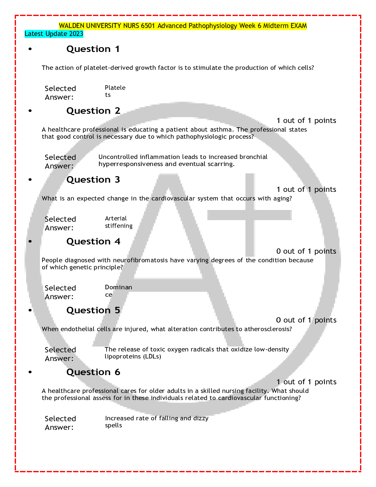 WALDEN UNIVERSITY NURS 6501 Advanced Pathophysiology Week 6 Midterm ...