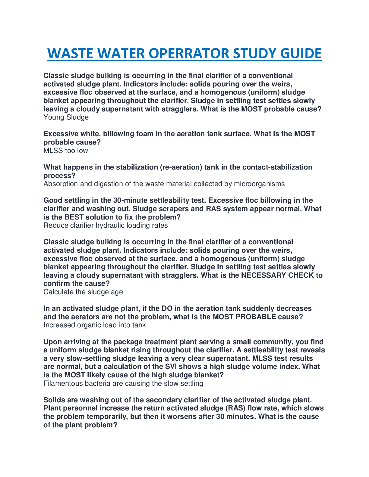 Waste Water Operator Study Questions with All Correct And Verified ...