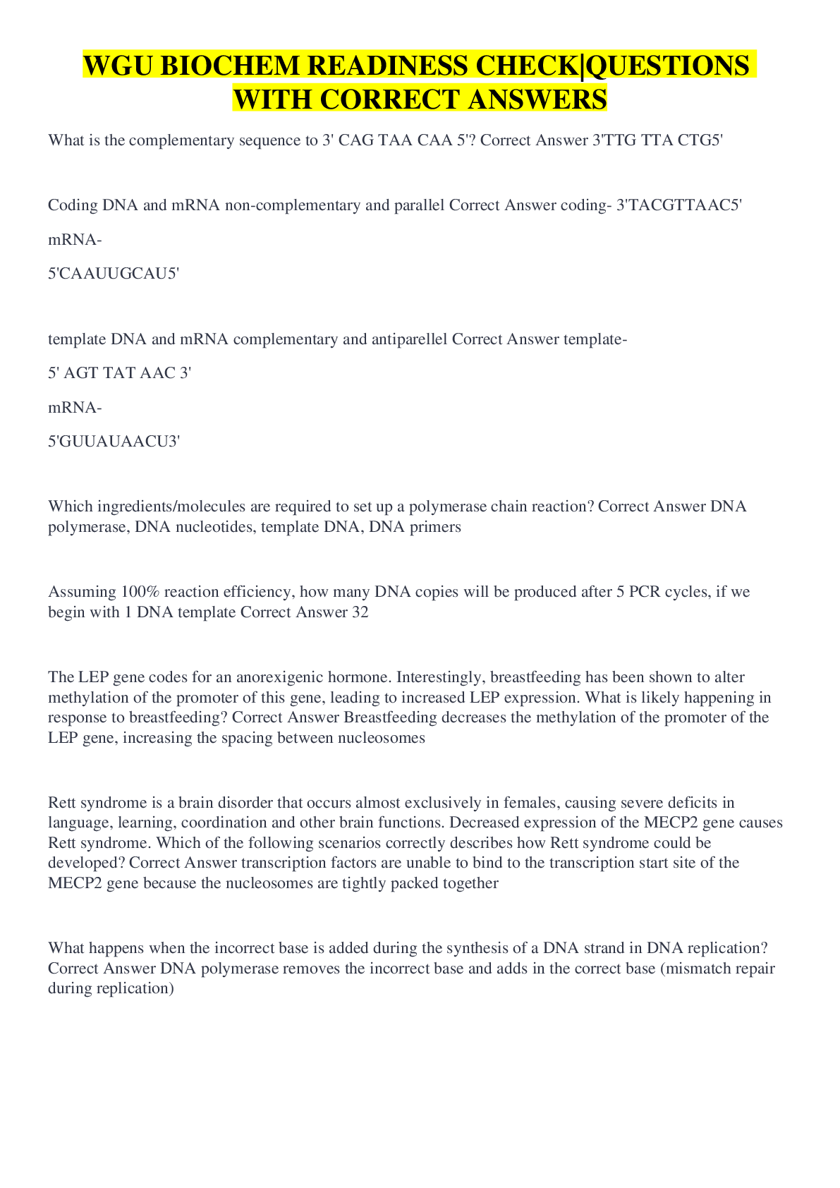 WGU BIOCHEM READINESS CHECK|QUESTIONS WITH CORRECT ANSWERS ...