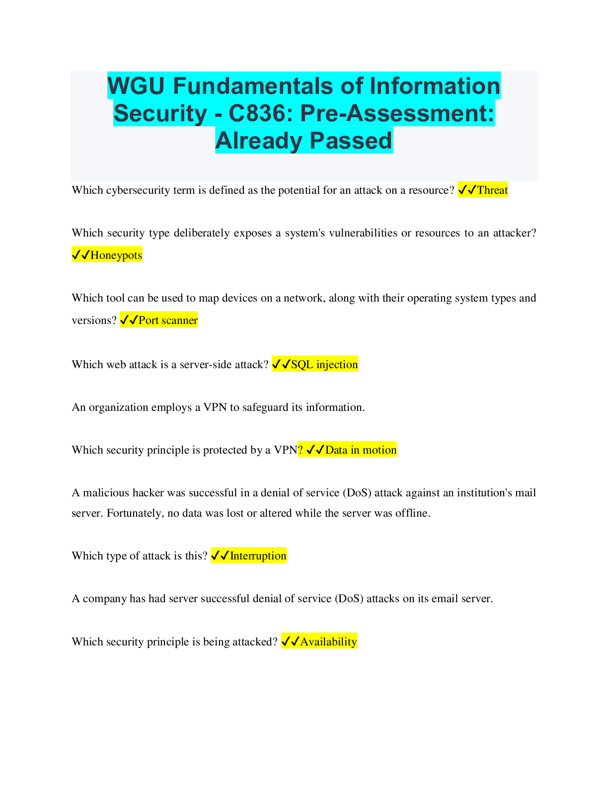 WGU Fundamentals of Information Security - C836: Pre-Assessment ...