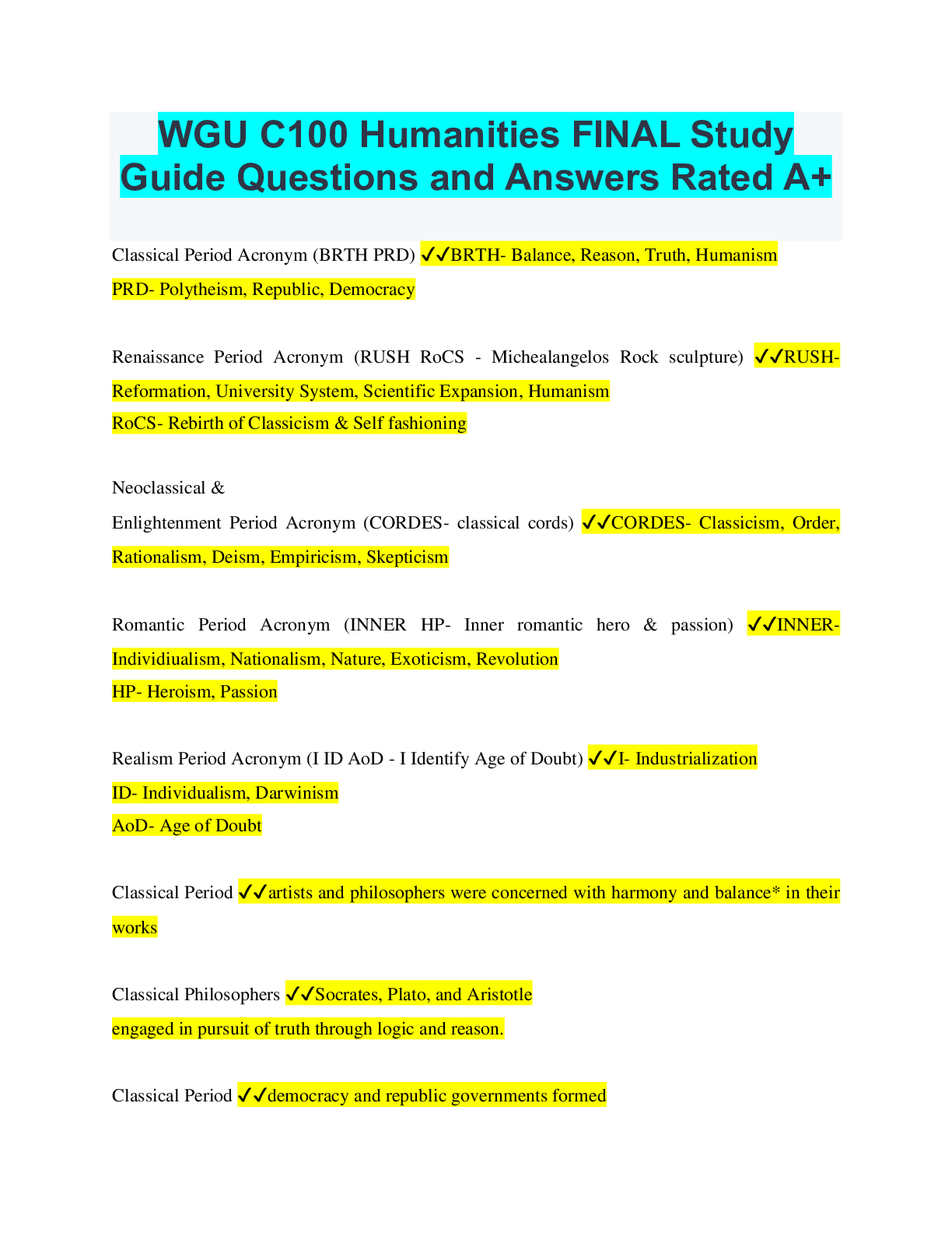 Bundle for WGU C100 Introduction To Humanities Tests Compilation ...