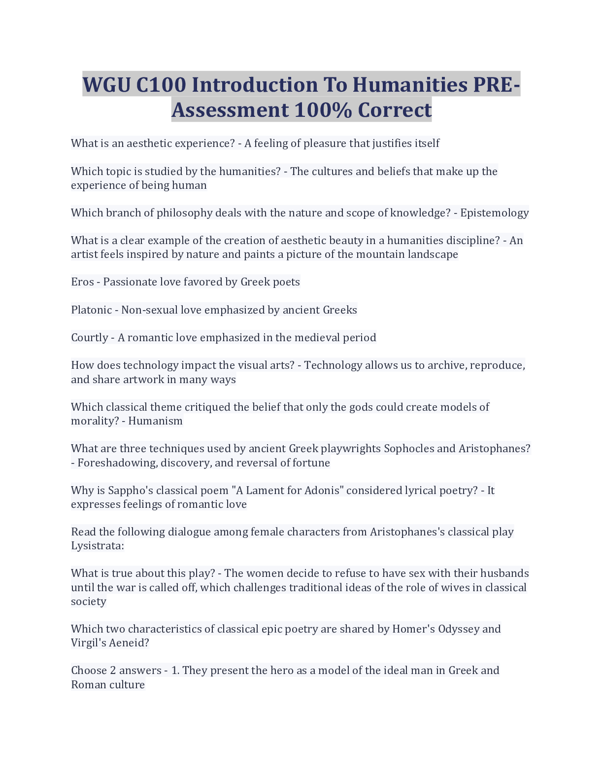 WGU C100 Introduction To Humanities PRE-Assessment 100% Correct ...