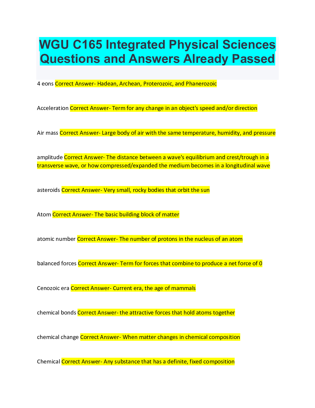 WGU C165 Integrated Physical Sciences Questions and Answers Already ...