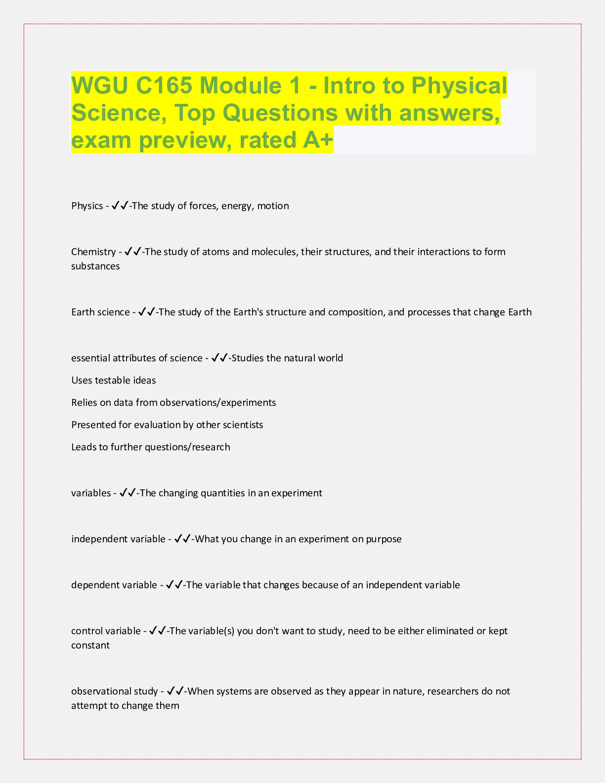 WGU C165 Module 1 - Intro to Physical Science, Top Questions with ...