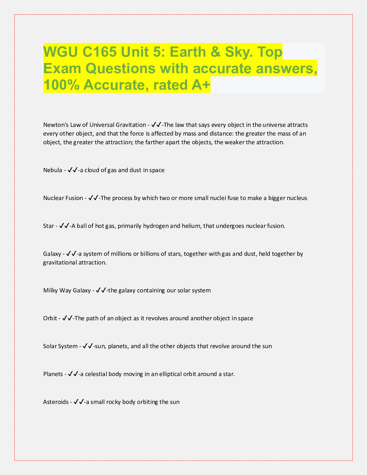 WGU C165 Unit 5: Earth & Sky. Top Exam Questions with accurate answers ...