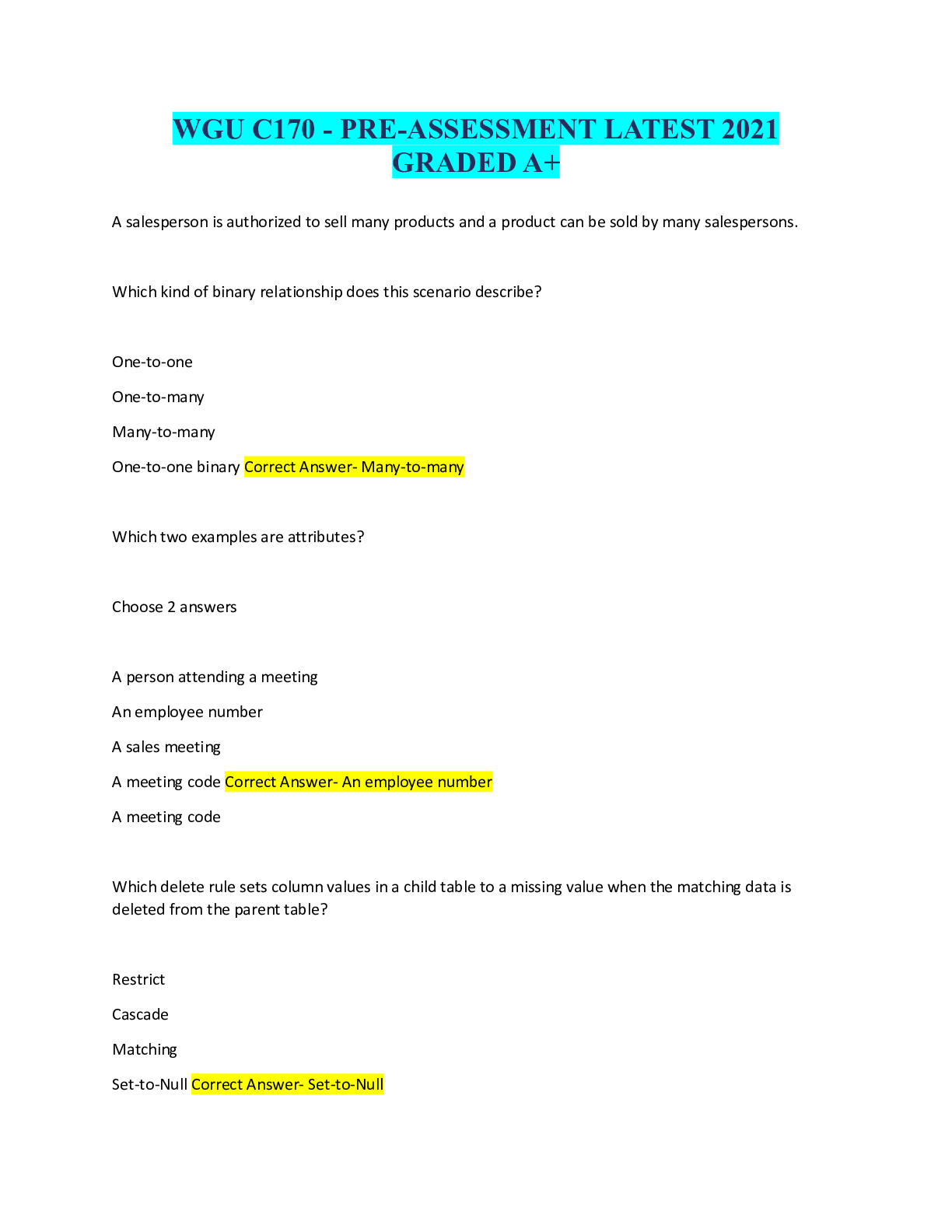 WGU C170 - PRE-ASSESSMENT LATEST 2021 GRADED A+ - Scholarfriends