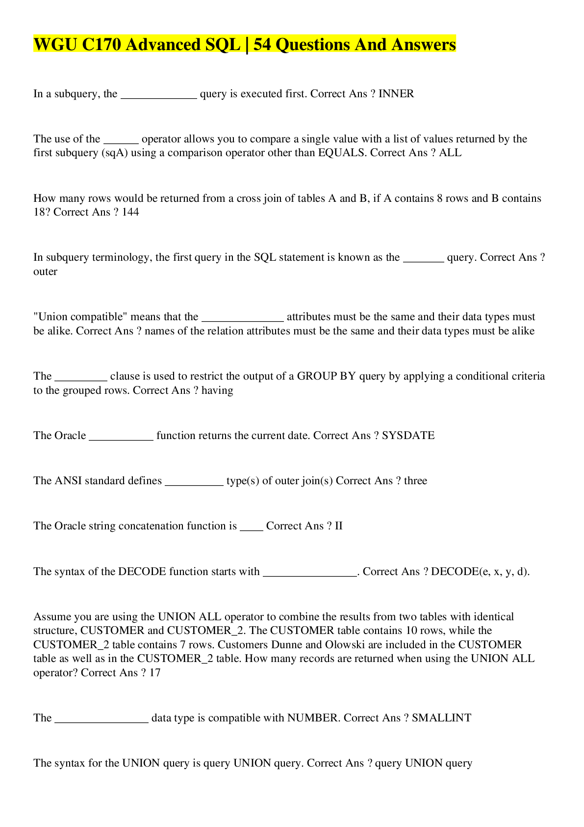 WGU C170 Advanced SQL | 54 Questions And Answers - Scholarfriends