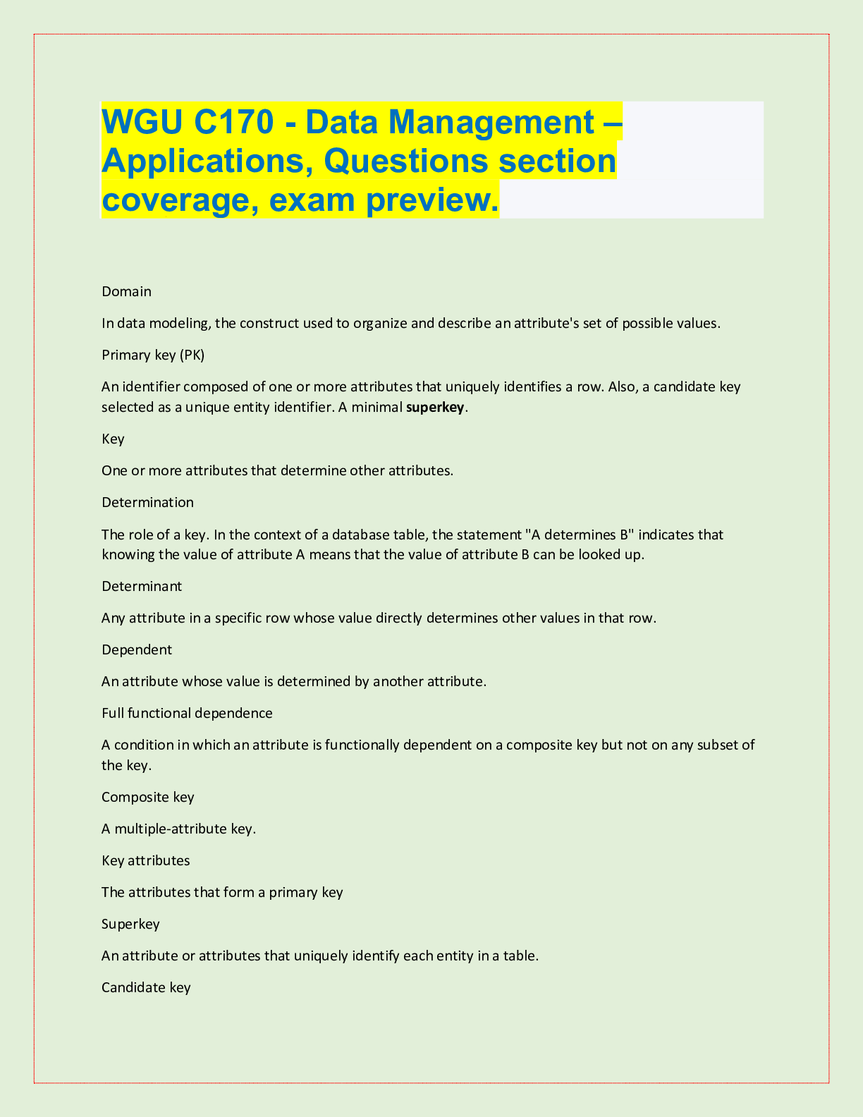 WGU C170 - Pre-Assessment: Data Management - Applications (FJO1) (PFJO ...