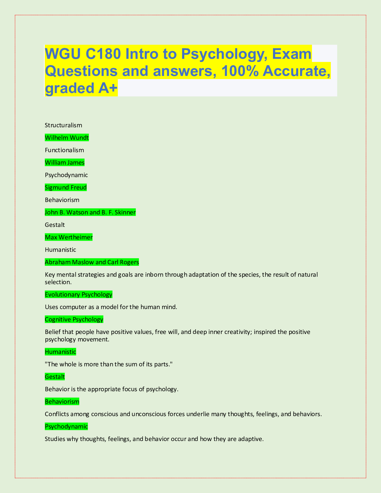 WGU C180 Intro to Psychology, Exam Questions and answers, 100% Accurate ...