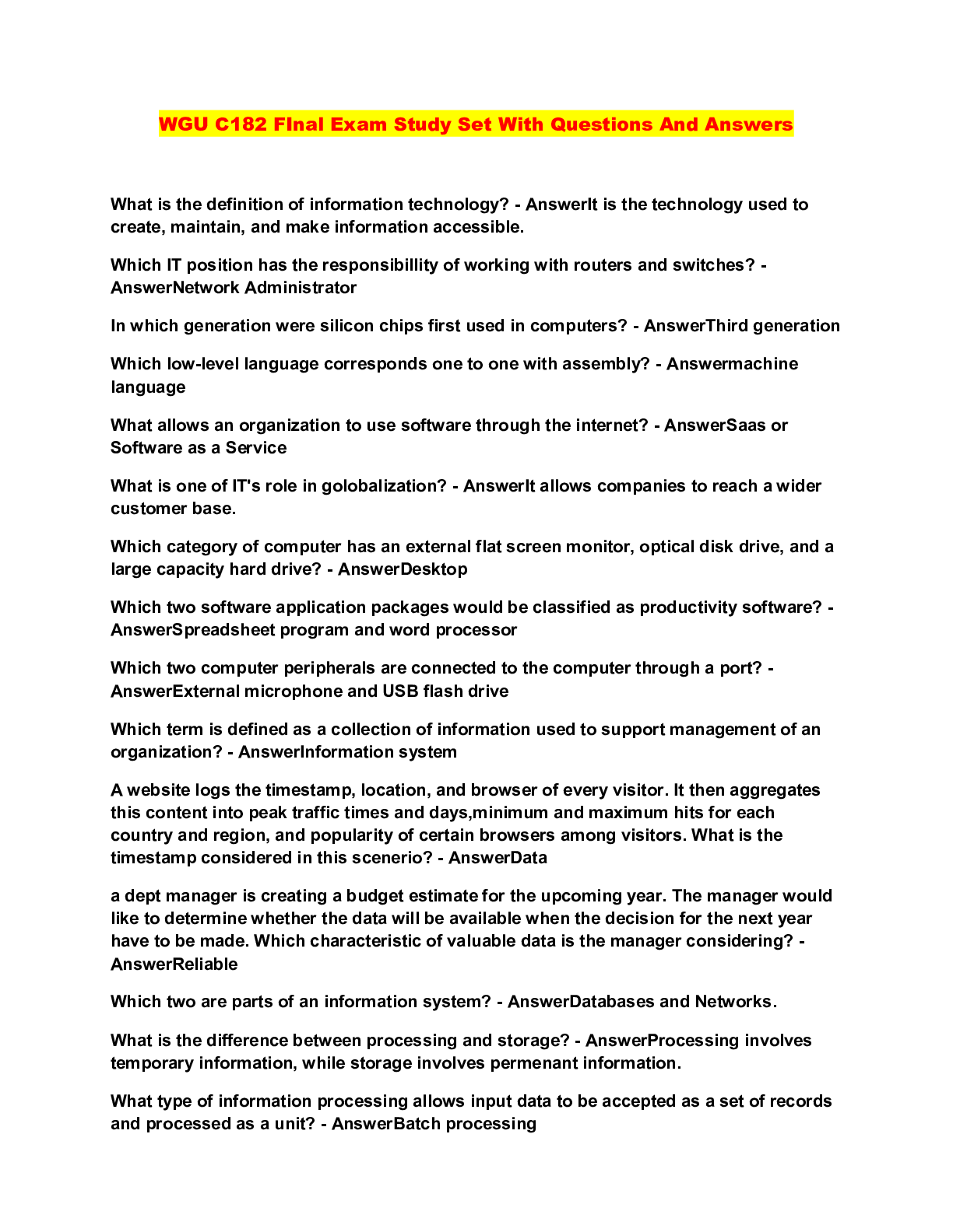 WGU C182 FInal Exam Study Set With Questions And Answers ...