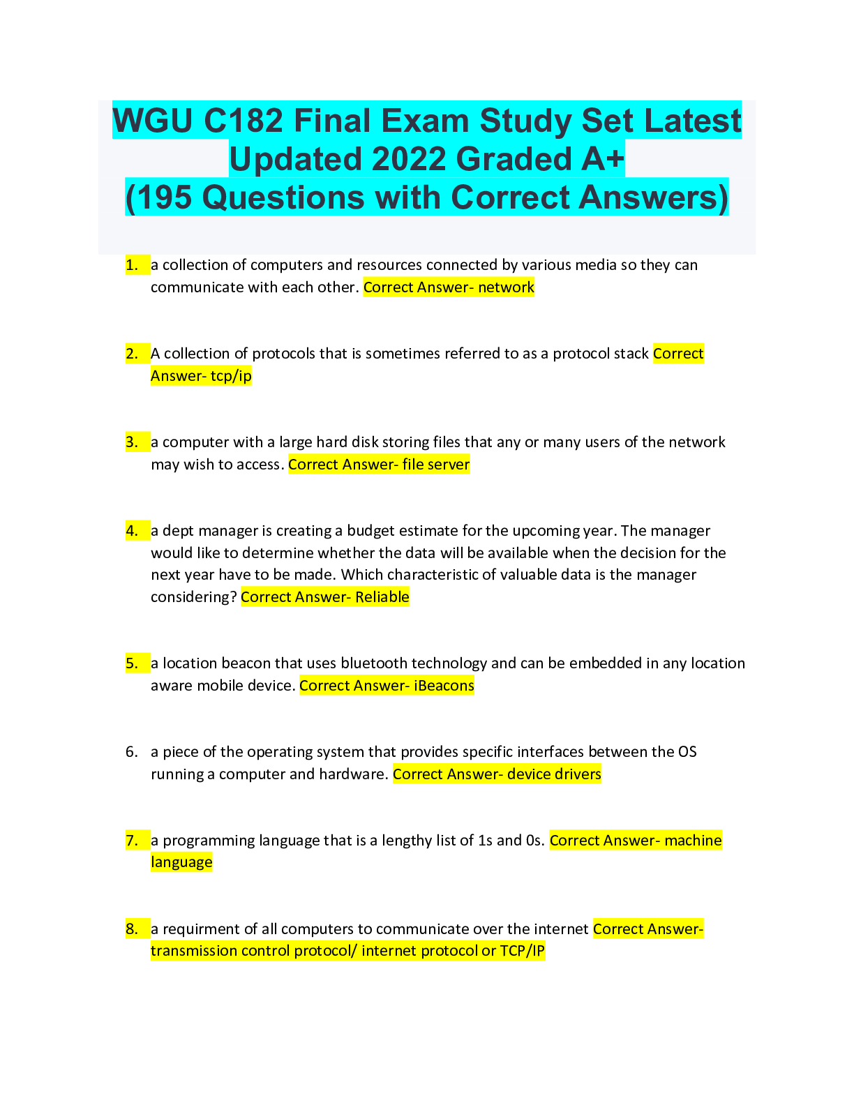 WGU C182 Final Exam Study Set Latest Updated 2022 Graded A+ (195 ...