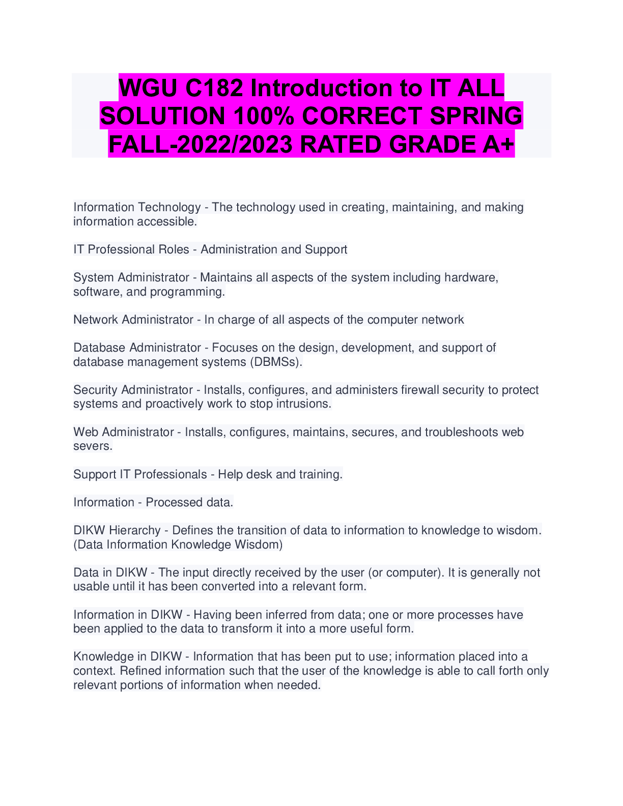 WGU C182 Introduction to IT ALL SOLUTION 100% CORRECT SPRING FALL-2022/ ...