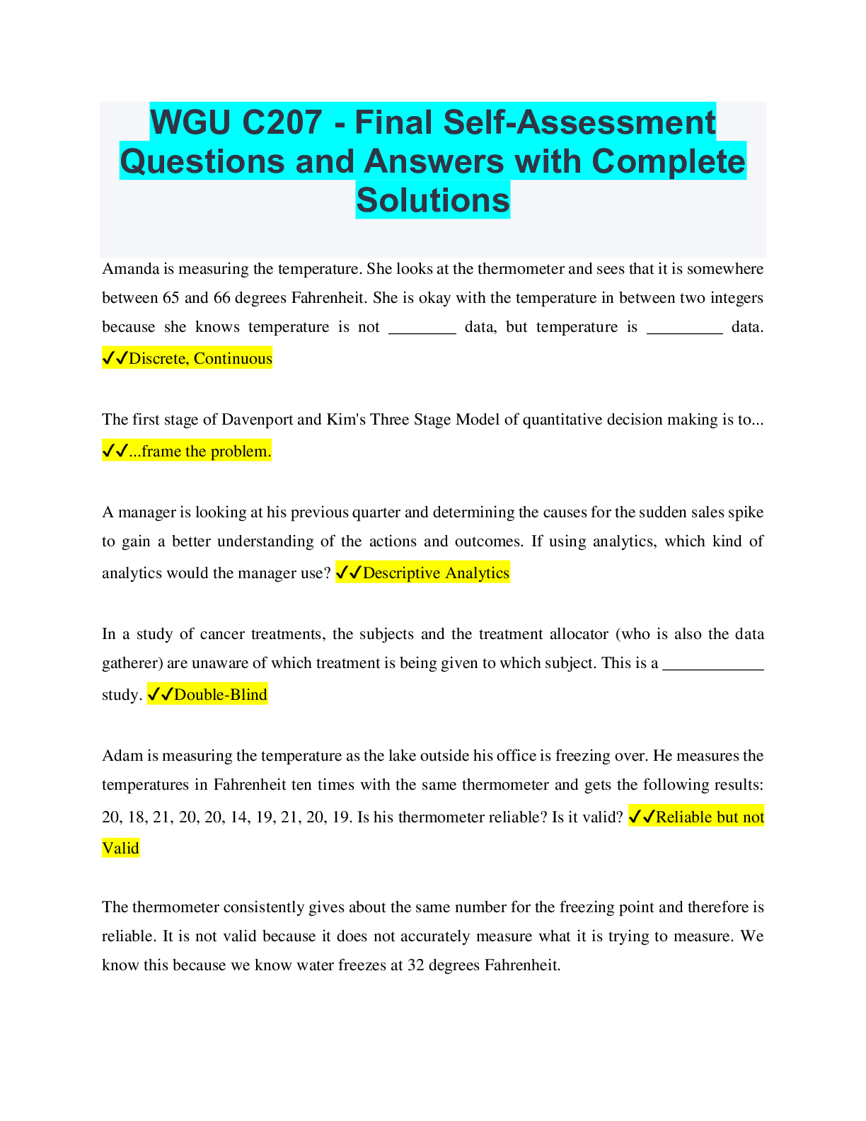 WGU C207 - Final Self-Assessment Questions and Answers with Complete ...