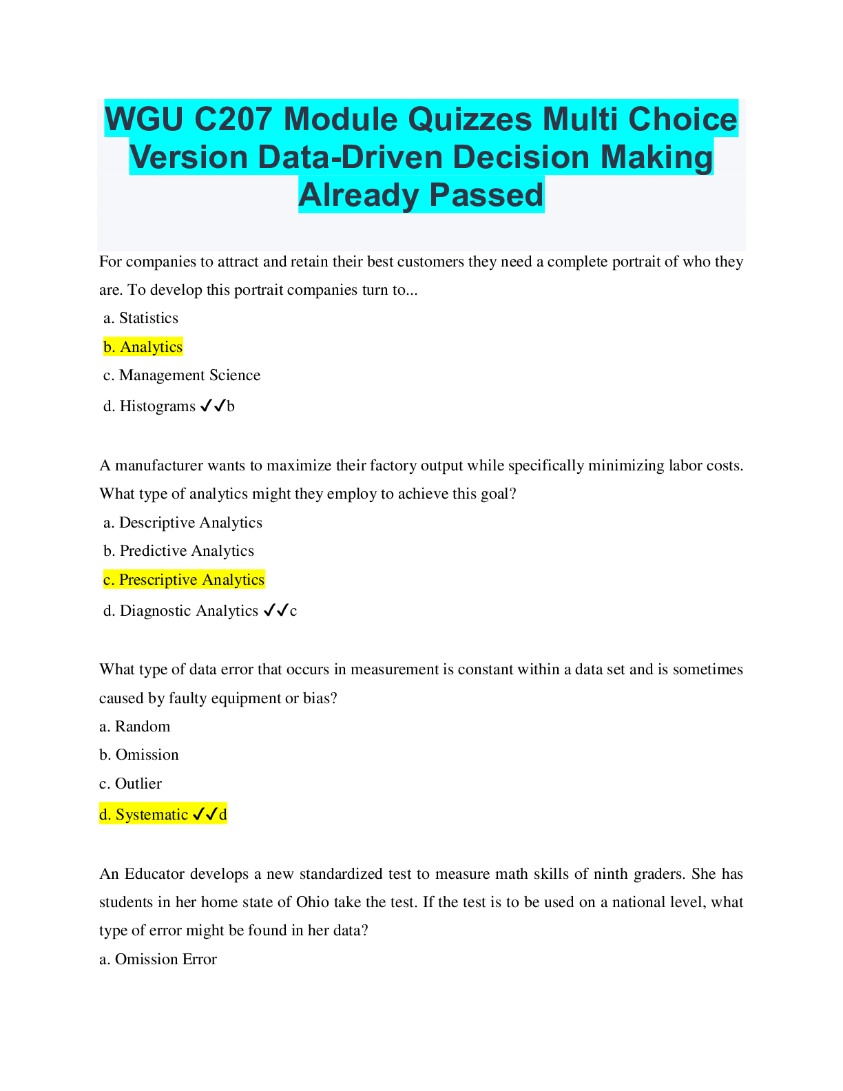 WGU C207 Module Quizzes Multi Choice Version Data-Driven Decision ...