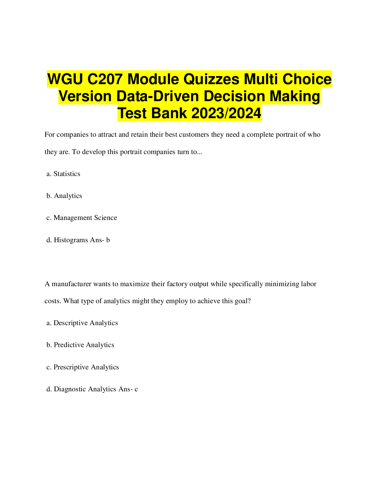 WGU C207 Module Quizzes Multi Choice Version Data-Driven Decision ...
