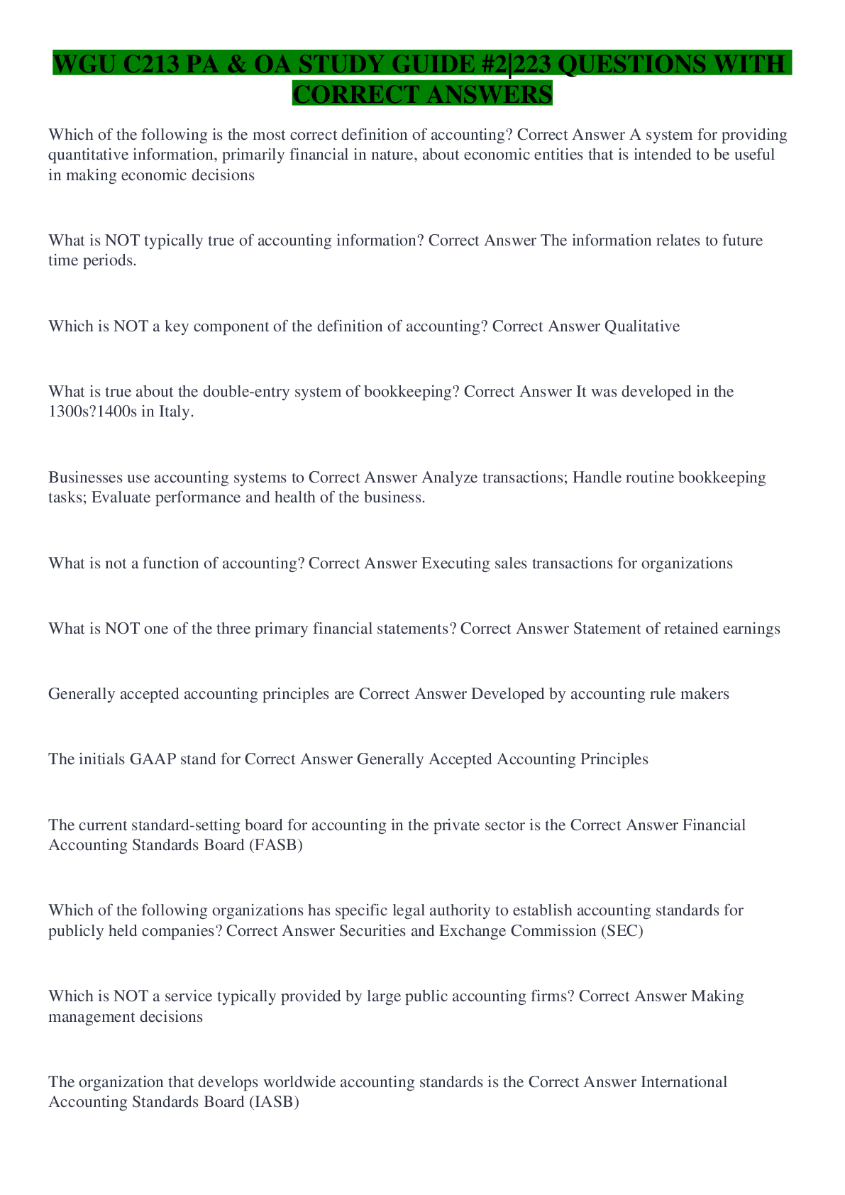 WGU C213 PA & OA STUDY GUIDE #2|223 QUESTIONS WITH CORRECT ANSWERS ...