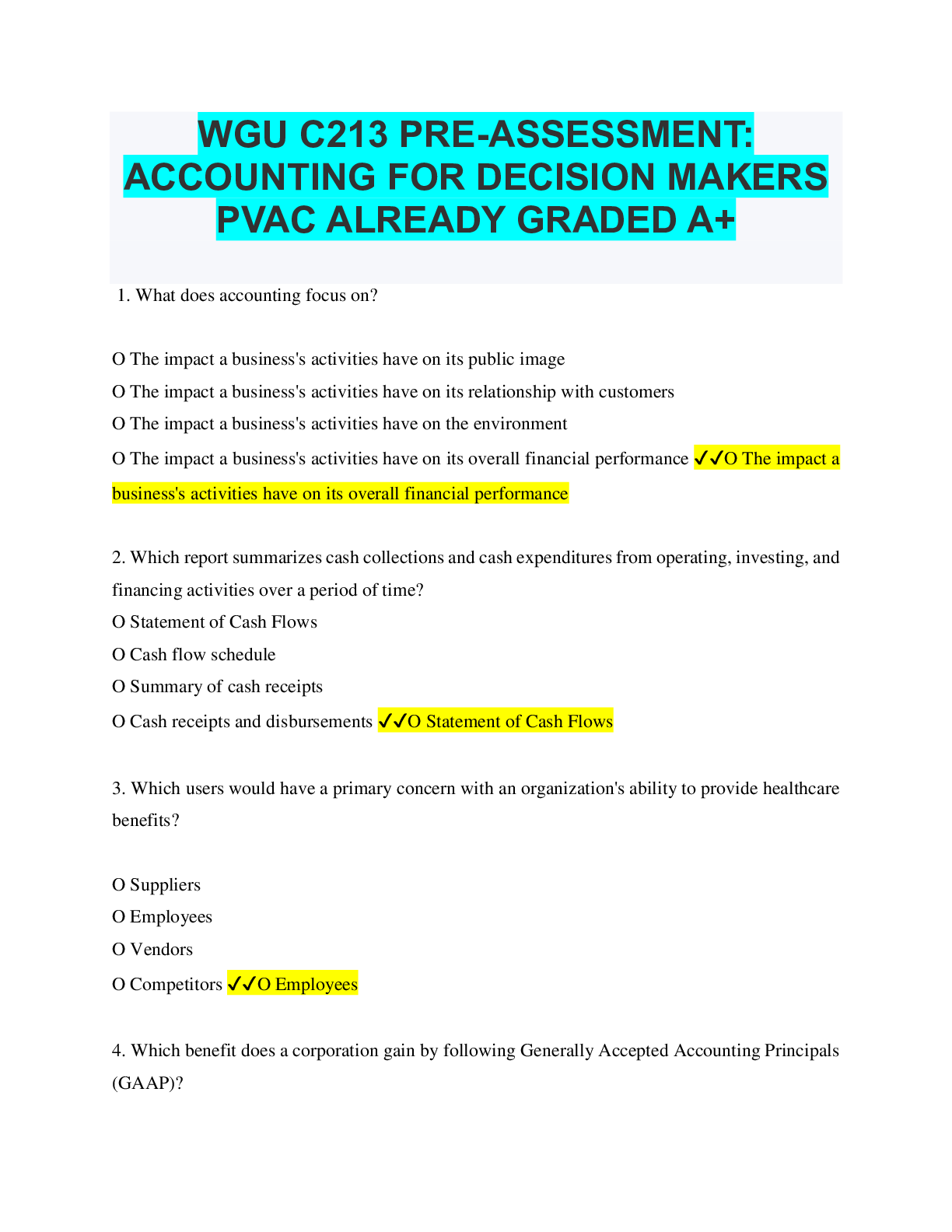 WGU C213 PRE-ASSESSMENT: ACCOUNTING FOR DECISION MAKERS PVAC ALREADY ...