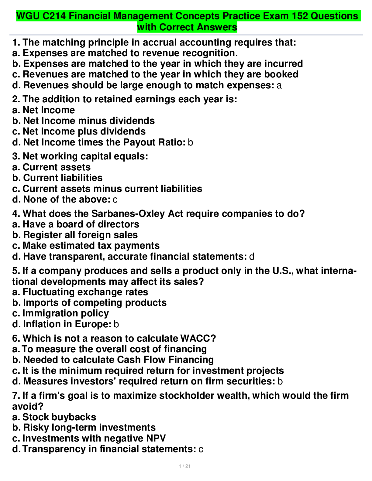 WGU C214 Financial Management Concepts Practice Exam 152 Questions with ...