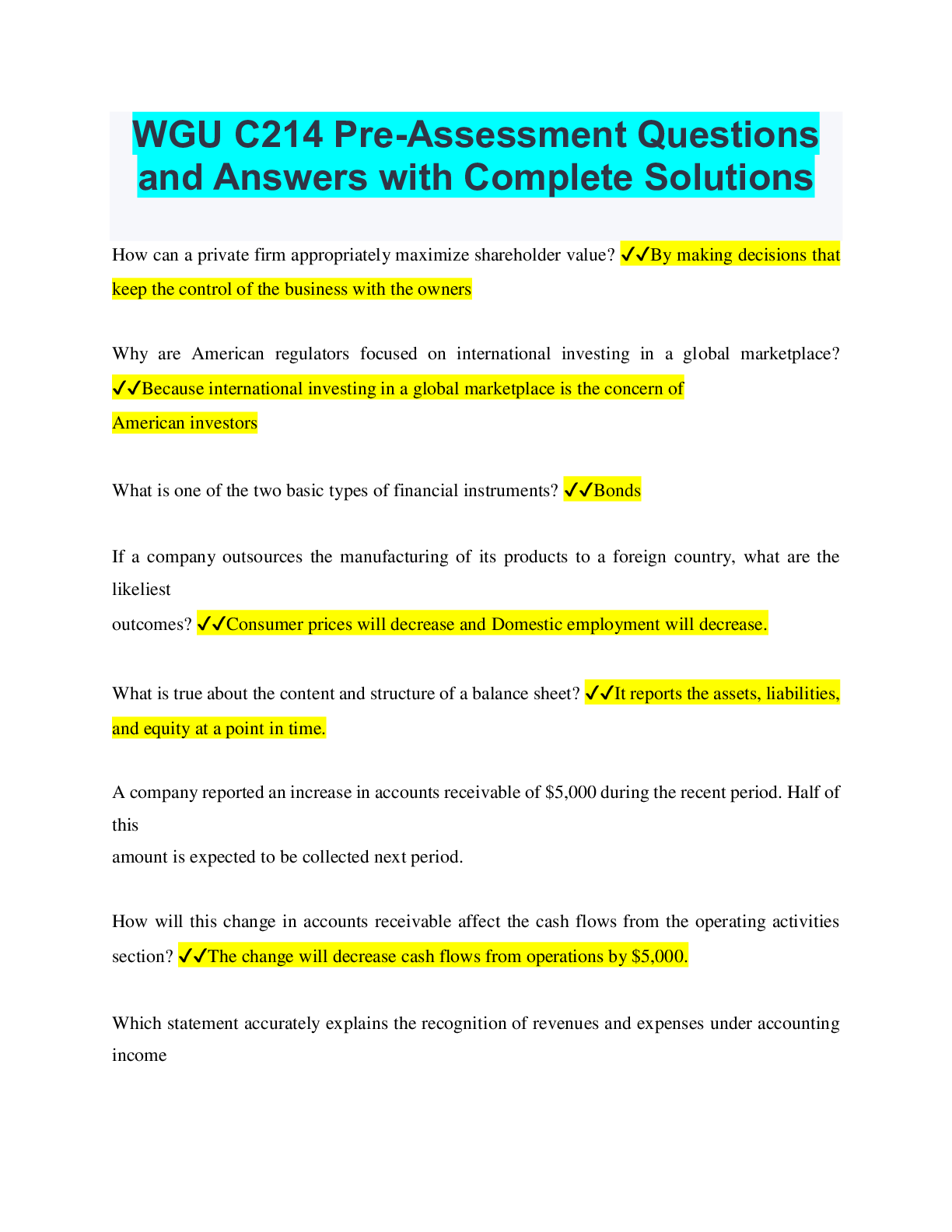 WGU C214 Pre-Assessment Questions and Answers with Complete Solutions ...