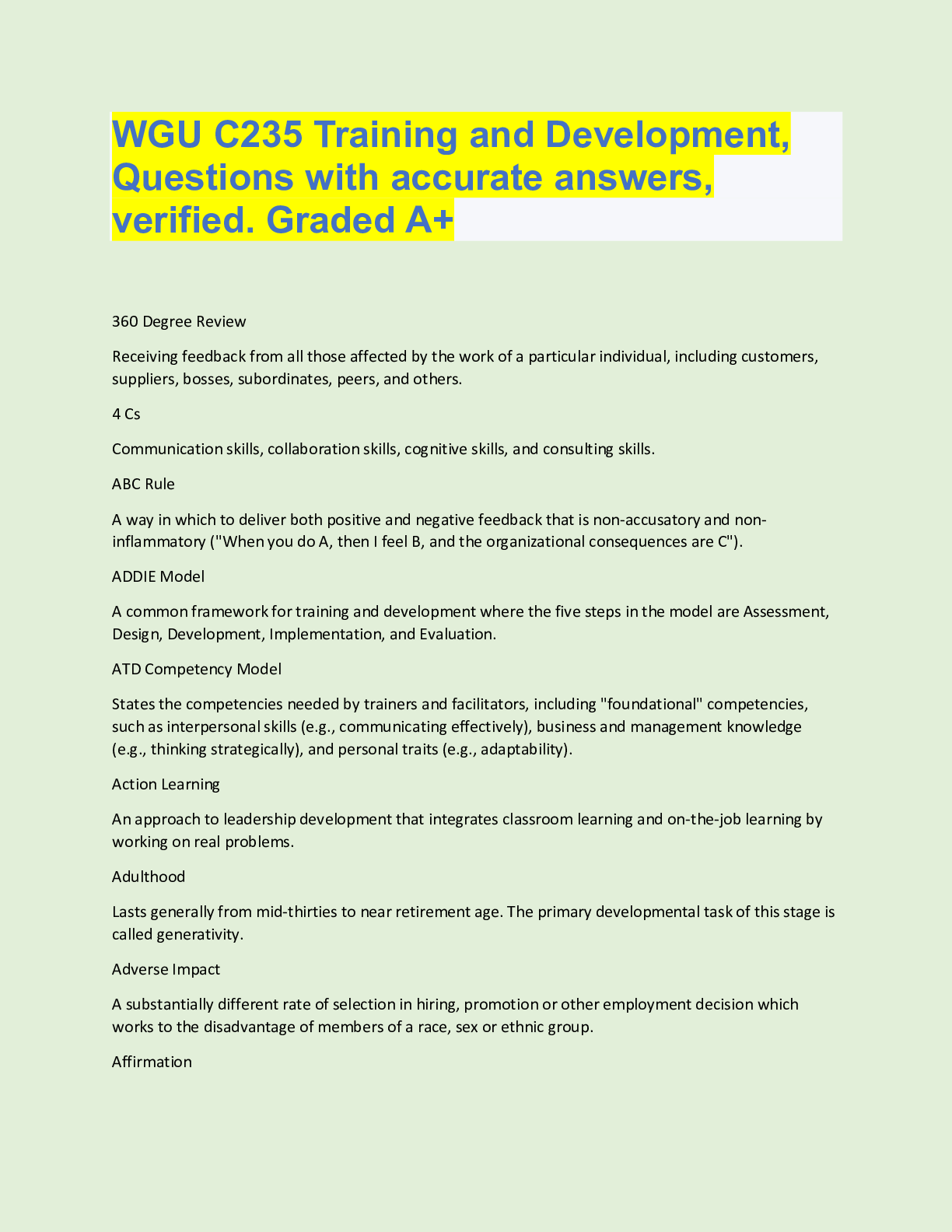 WGU C235 Training and Development, Questions with accurate answers ...