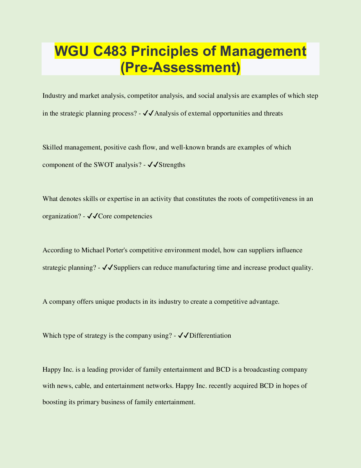 WGU C483 Principles of Management (Pre-Assessment) | 115 Questions with ...