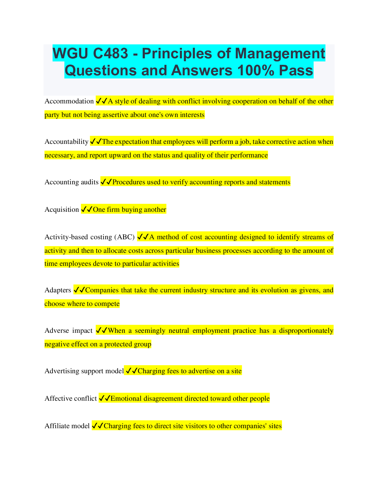 WGU C483 - Principles of Management Questions and Answers 100% Pass ...