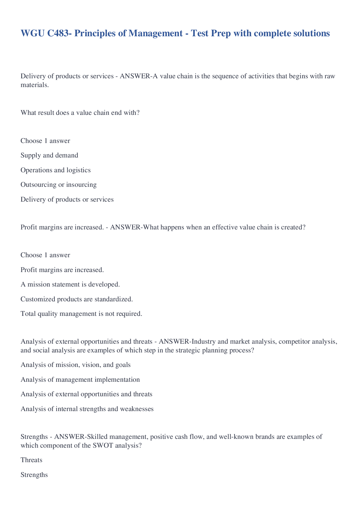 WGU C483- Principles of Management - Test Prep with complete solutions ...