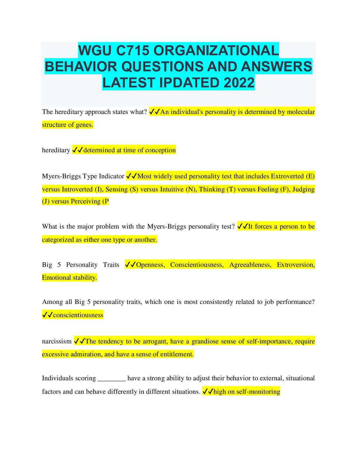 WGU C715 ORGANIZATIONAL BEHAVIOR QUESTIONS AND ANSWERS LATEST UPDATED ...