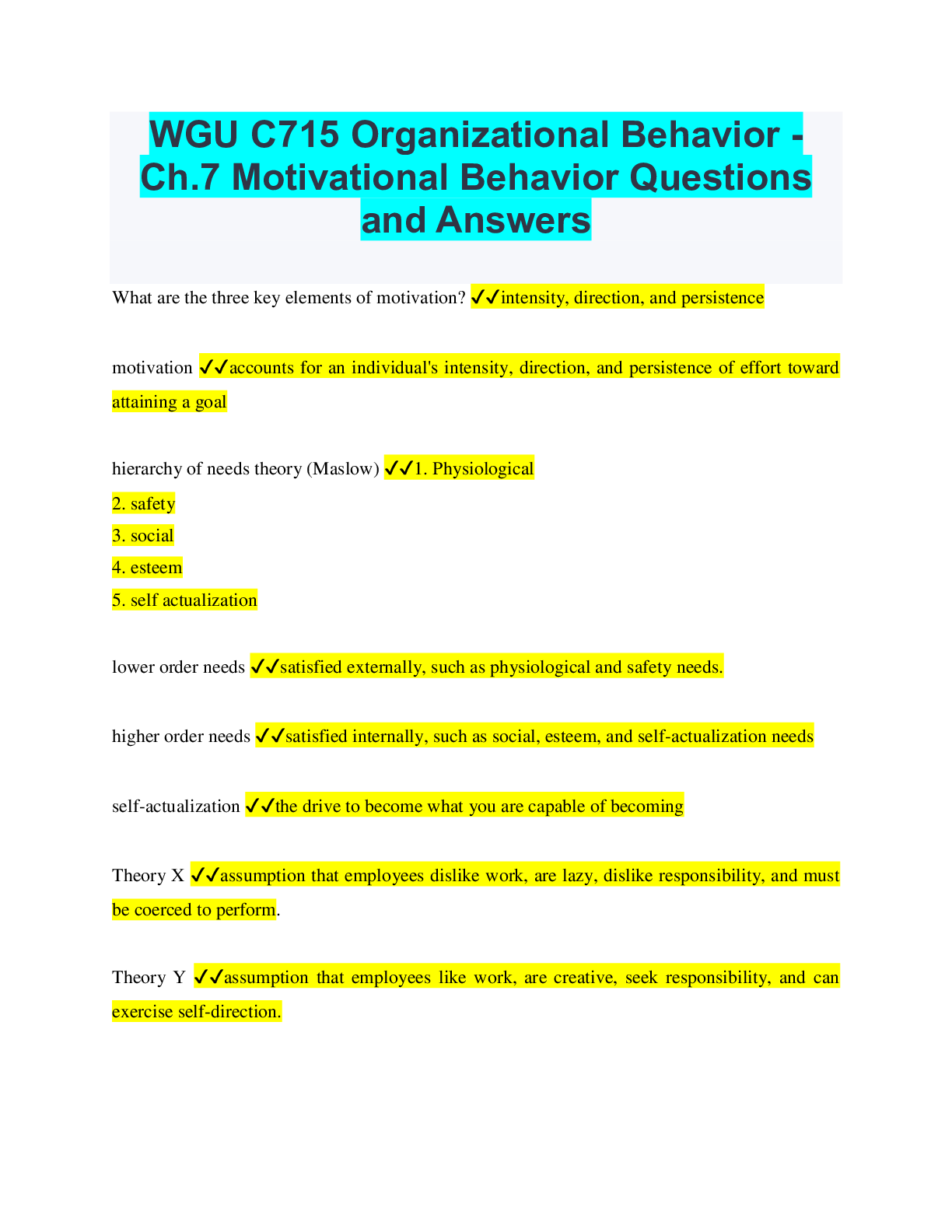 WGU C715 Organizational Behavior - Ch.7 Motivational Behavior Questions ...